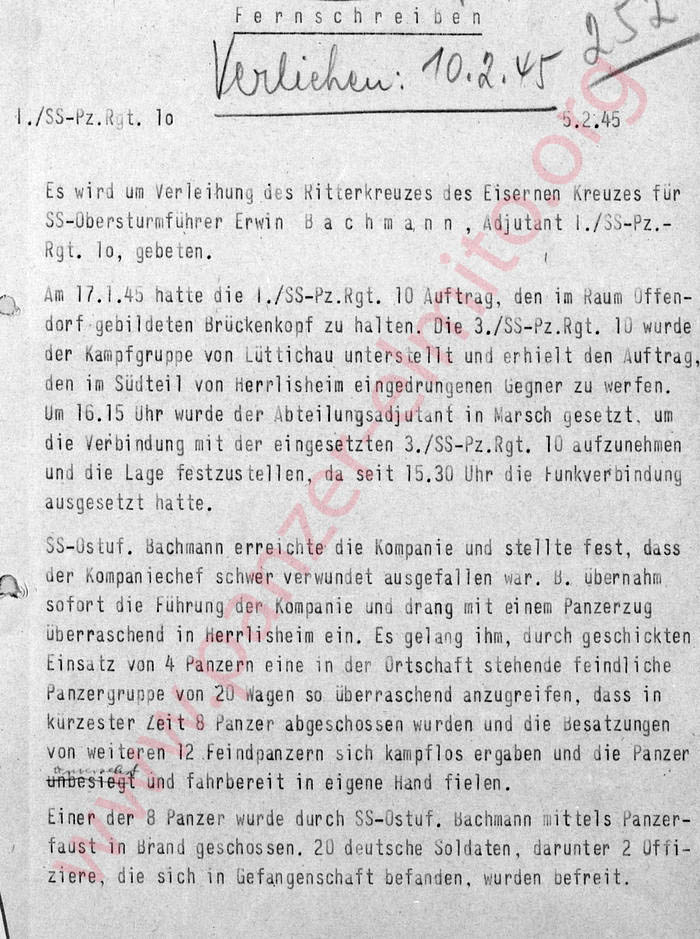 Vorgeschlagene Auszeichnung des SS-Obersturmführers Erwin Bachmann (I ...