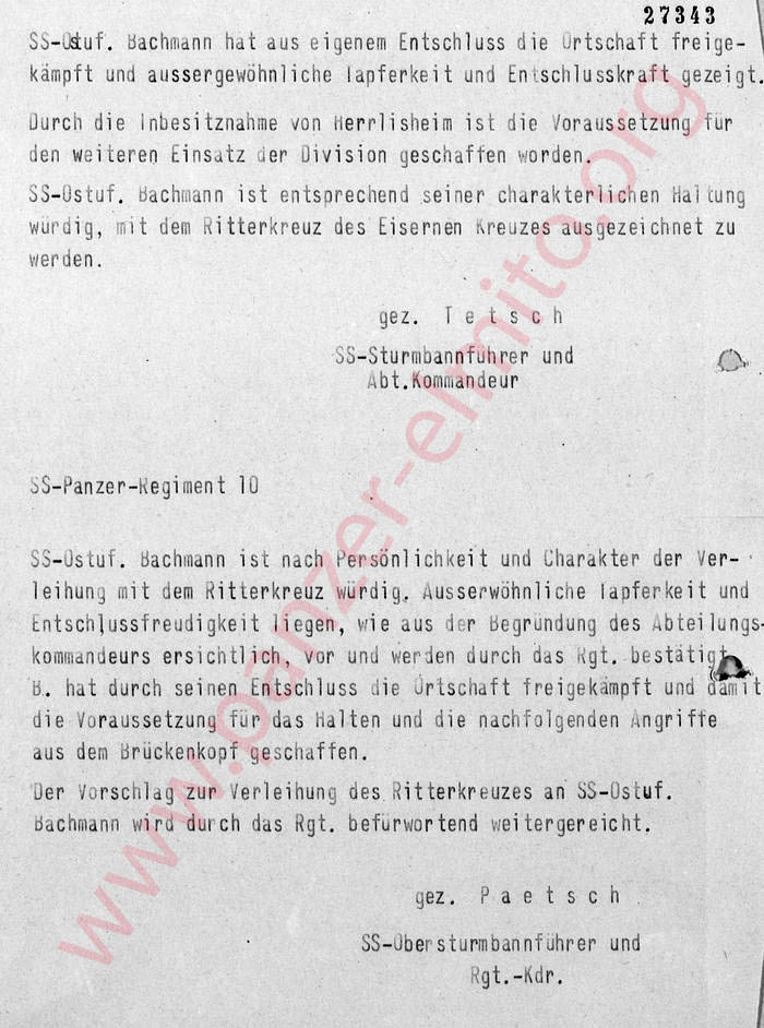 Vorgeschlagene Auszeichnung des SS-Obersturmführers Erwin Bachmann (I ...
