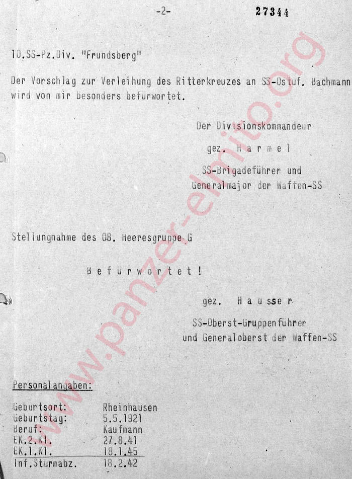 Vorgeschlagene Auszeichnung des SS-Obersturmführers Erwin Bachmann (I ...
