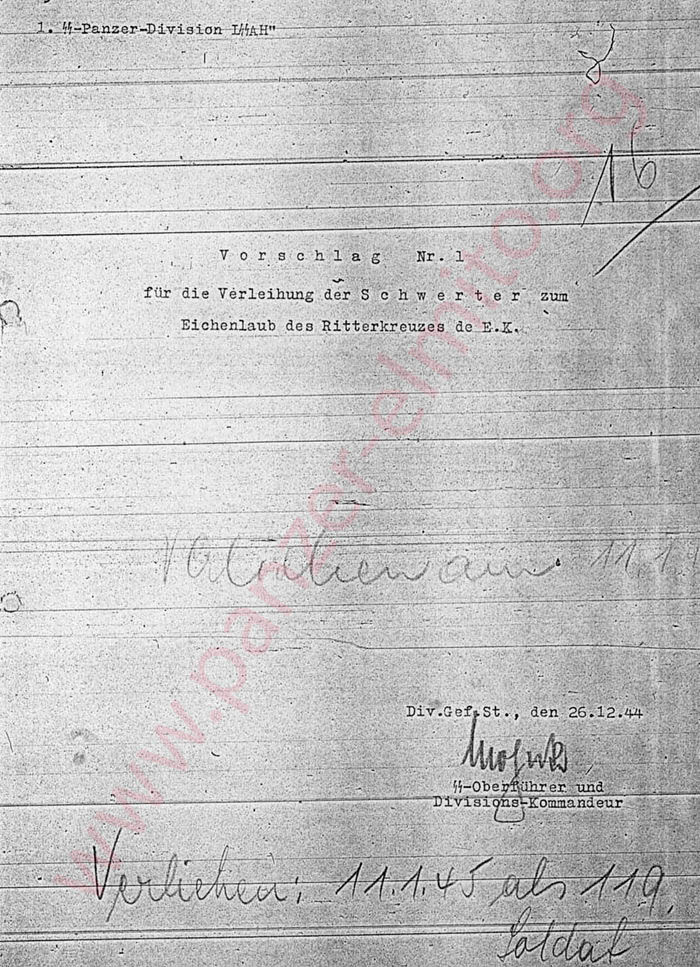 Vorgeschlagene Auszeichnung des SS-Obersturmbannführers Joachim Peiper ...