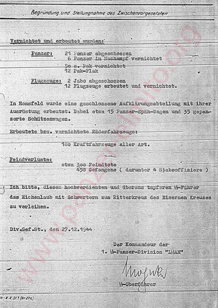 Vorgeschlagene Auszeichnung des SS-Obersturmbannführers Joachim Peiper ...