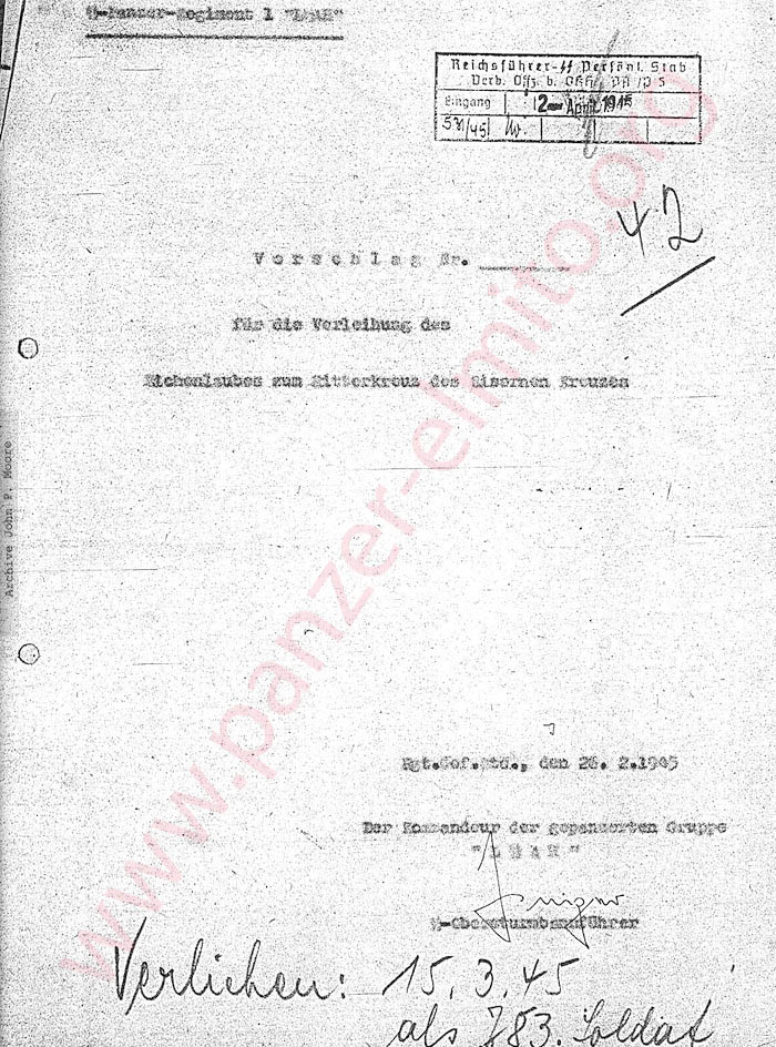 Vorgeschlagene Auszeichnung des SS-Sturmbannführers Werner Poetschke ...