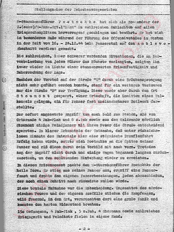 Vorgeschlagene Auszeichnung des SS-Sturmbannführers Werner Poetschke ...